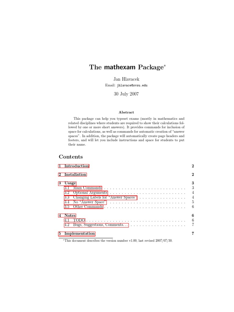 The Mathexam Package: This Document Describes The Version Number v1.00, Last Revised 2007/07/30 ...