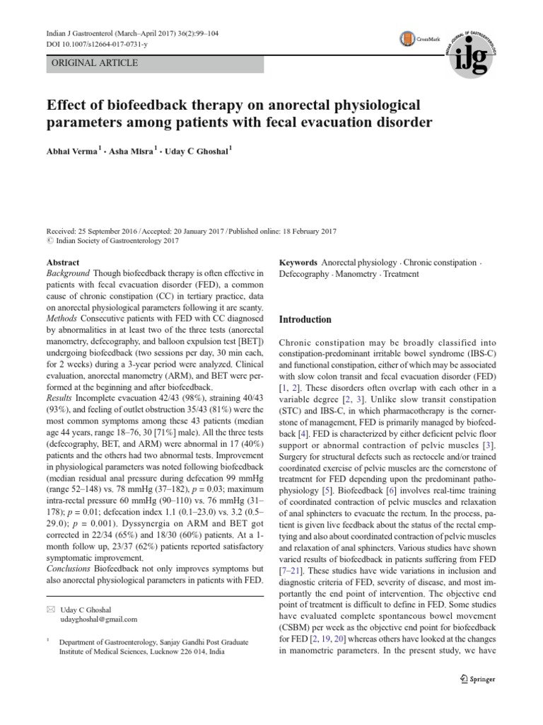 Effect of Biofeedback Therapy On Anorectal Physiological Parameters ...