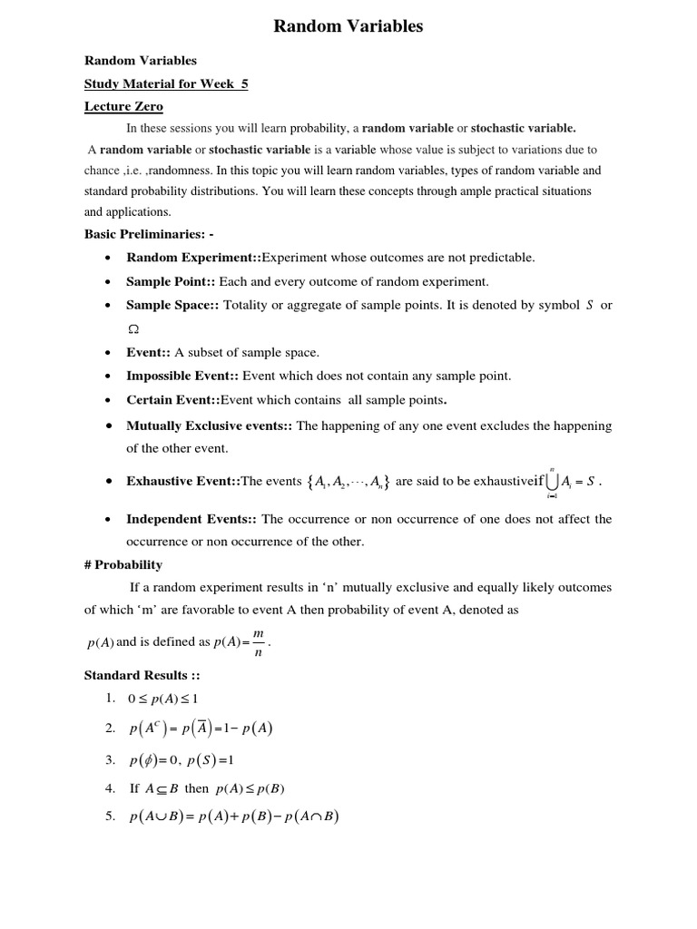 Random Variables: Random Variables Study Material For Week 5 Lecture Zero | Download Free PDF ...