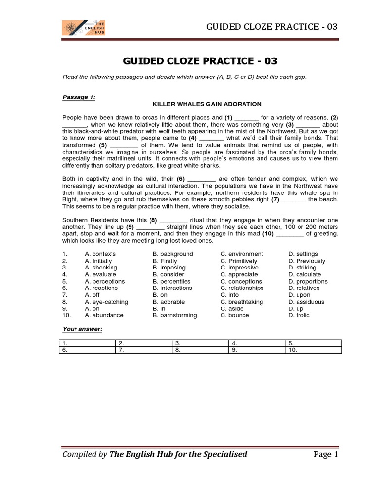 Guided Cloze Practice - 03 | PDF | Killer Whale
