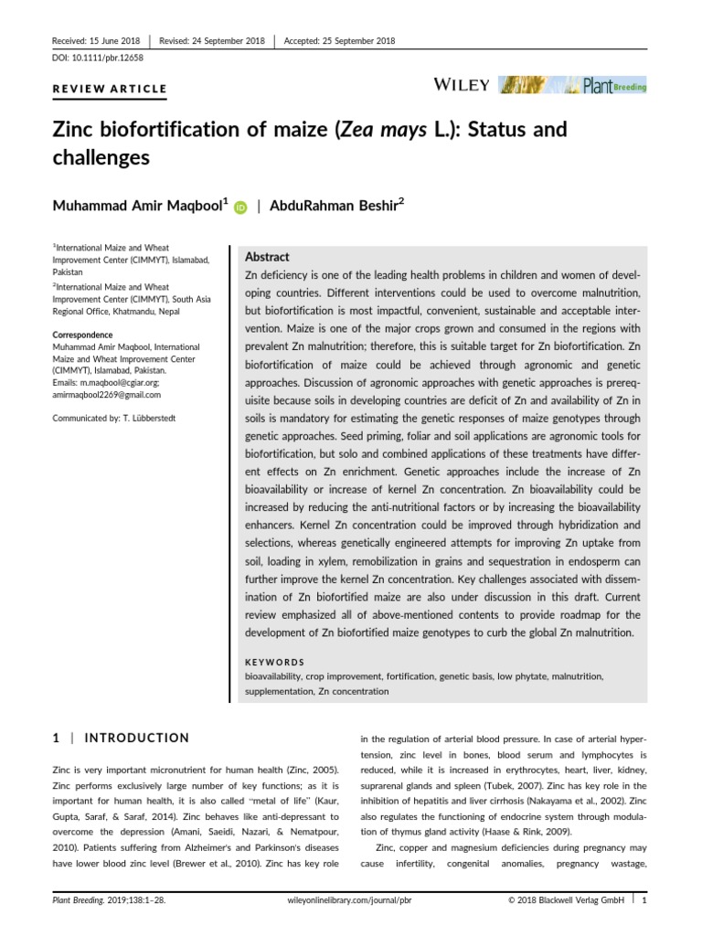 Zinc Biofortification of Maize (Zea Mays L.) : Status and Challenges ...