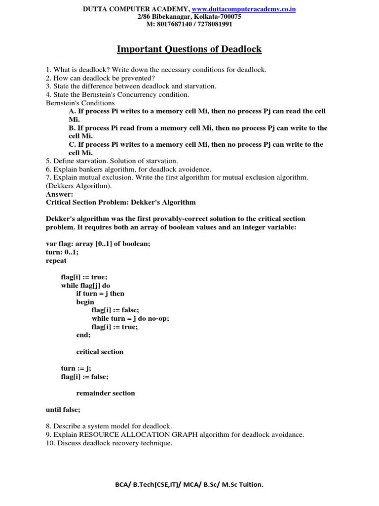 Important Question of Chapter Deadlock | PDF