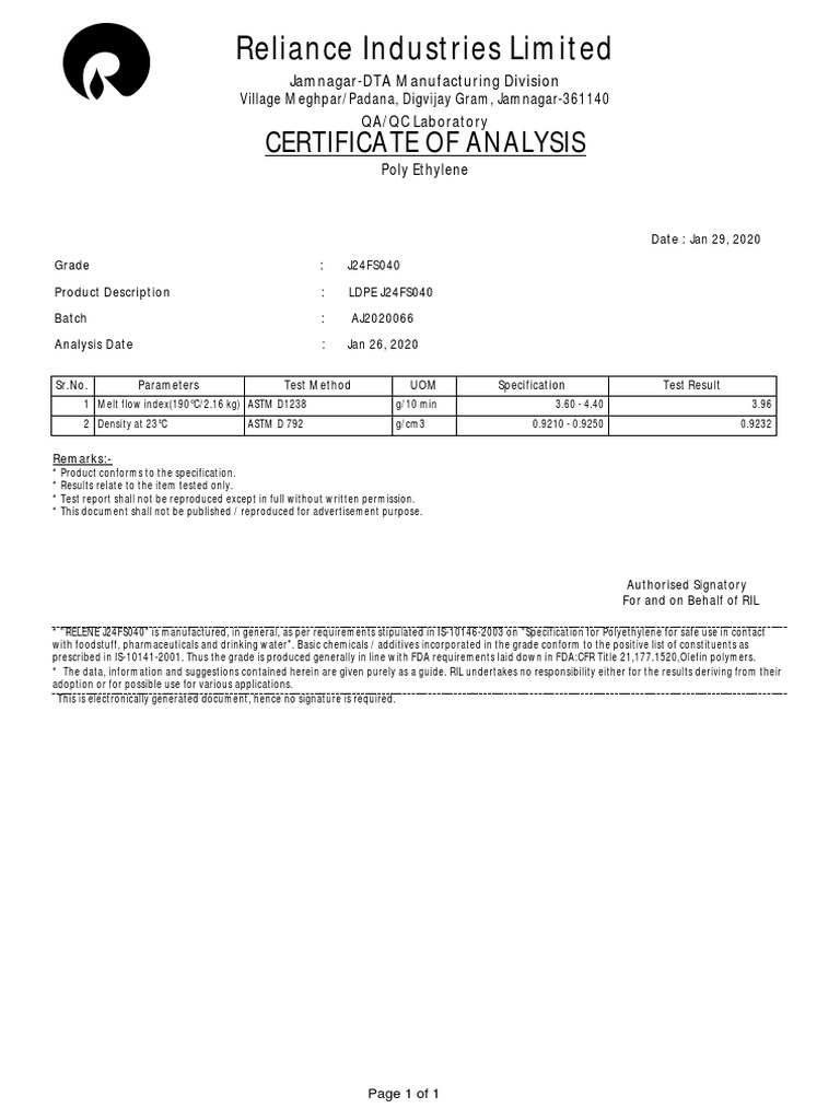Reliance Industries Limited: Certificate of Analysis | PDF ...
