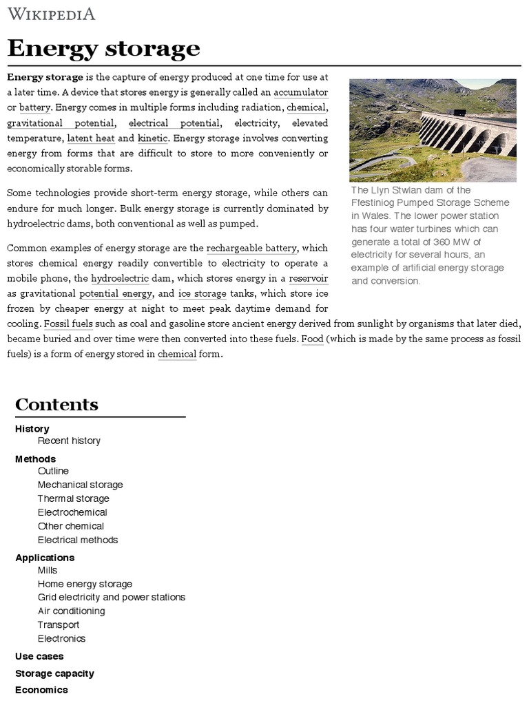 Energy Storage - Wikipedia | PDF | Energy Storage | Rechargeable Battery