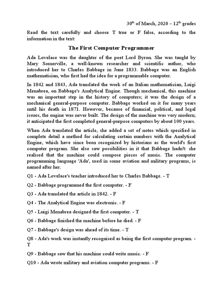 Ada Lovelace - Reading Comprehension + Answers | PDF