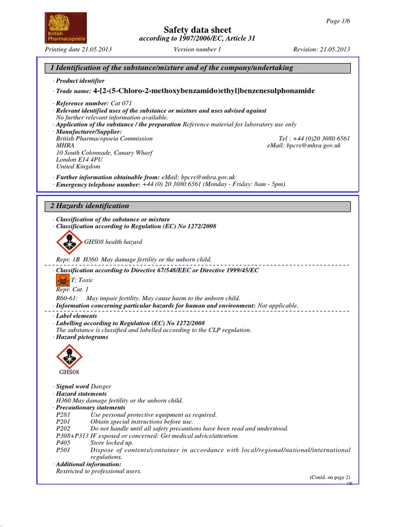 Safety Data Sheet: 1 Identification of The Substance/mixture and of The ...