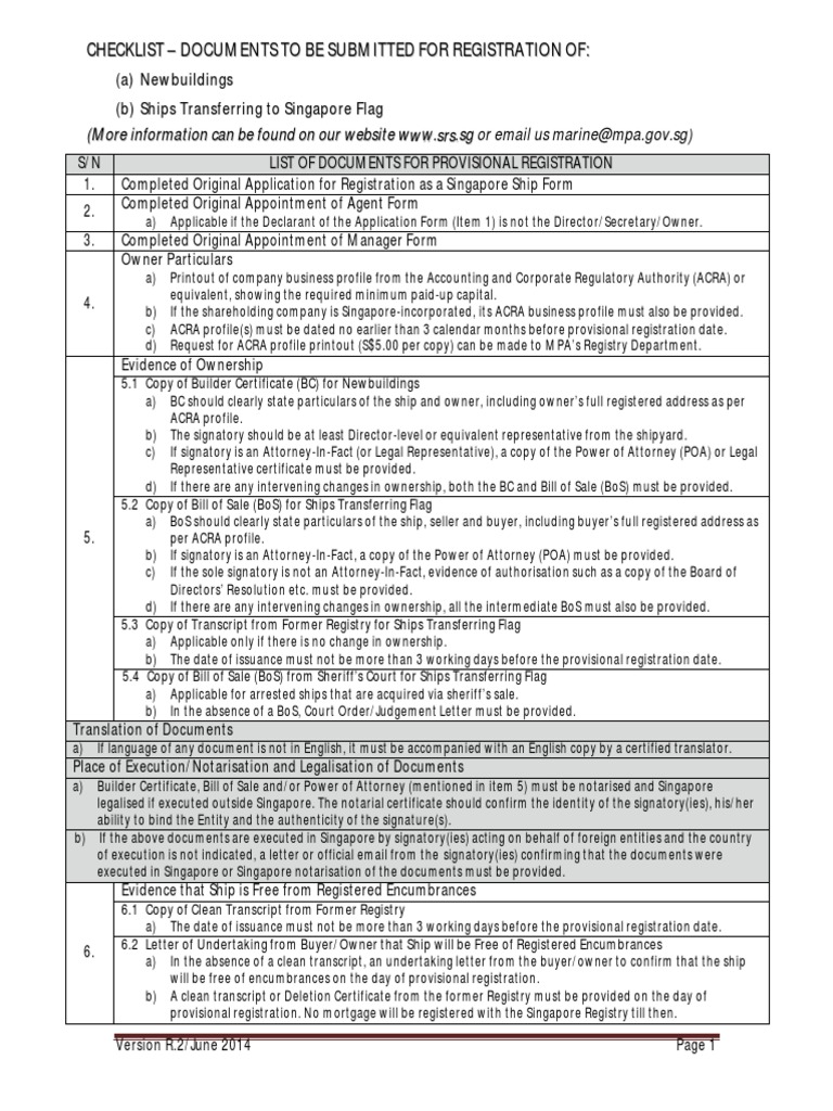 Singapore Ship Registration Checklist | PDF | Power Of Attorney | Signature