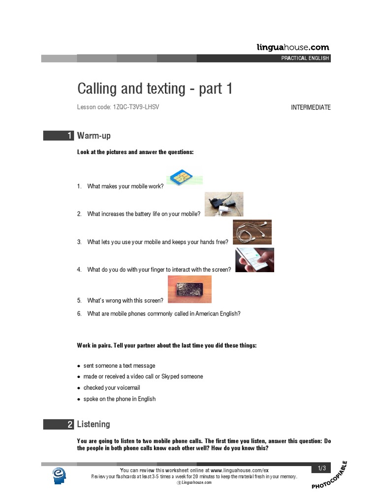 Intermediate Phone Skills Practice | PDF | Text Messaging | Communication