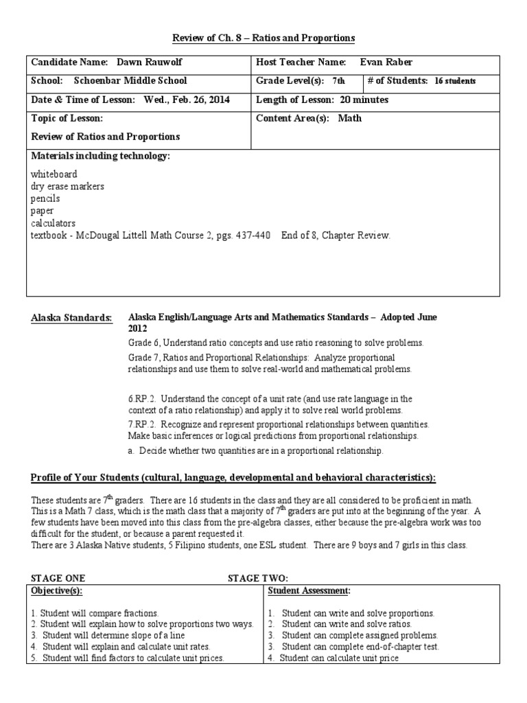 Lesson Plan - Review of Chapter 8 Ratios and Proportions | Download ...