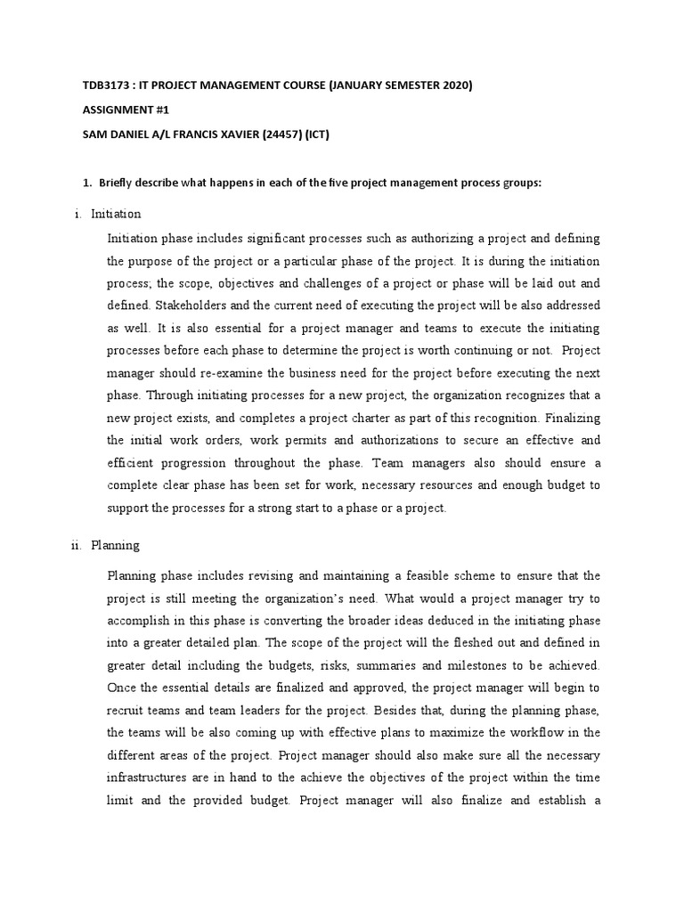 ITPM January 2020 - Assignment 1 | PDF | Project Management | Business