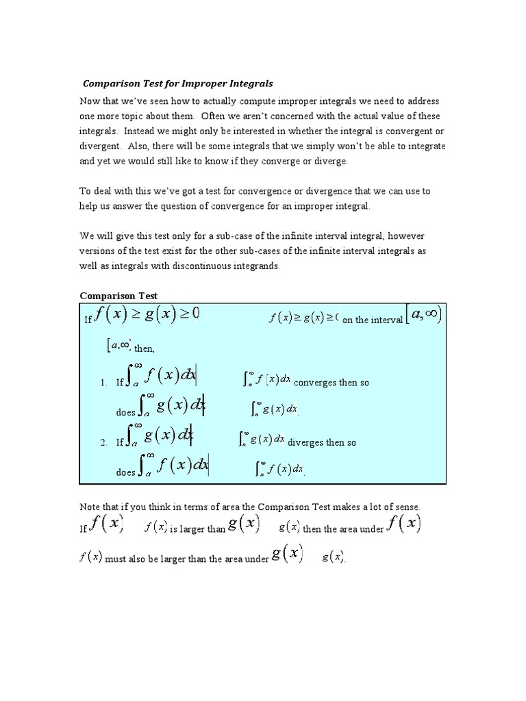 Comparison Test For Improper Integrals | PDF | Exponentiation | Integral Comparison Test For Improper Integrals | PDF | Exponentiation | Integral