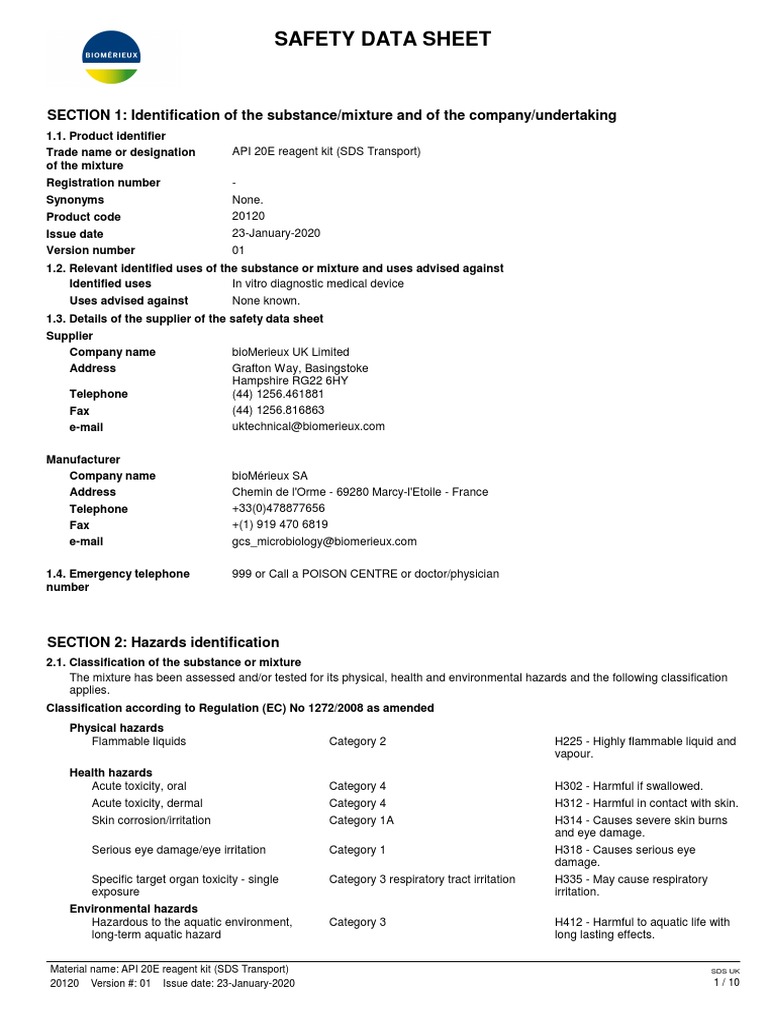 Api 20e Reagent Kit PDF | PDF | Dangerous Goods | Toxicity