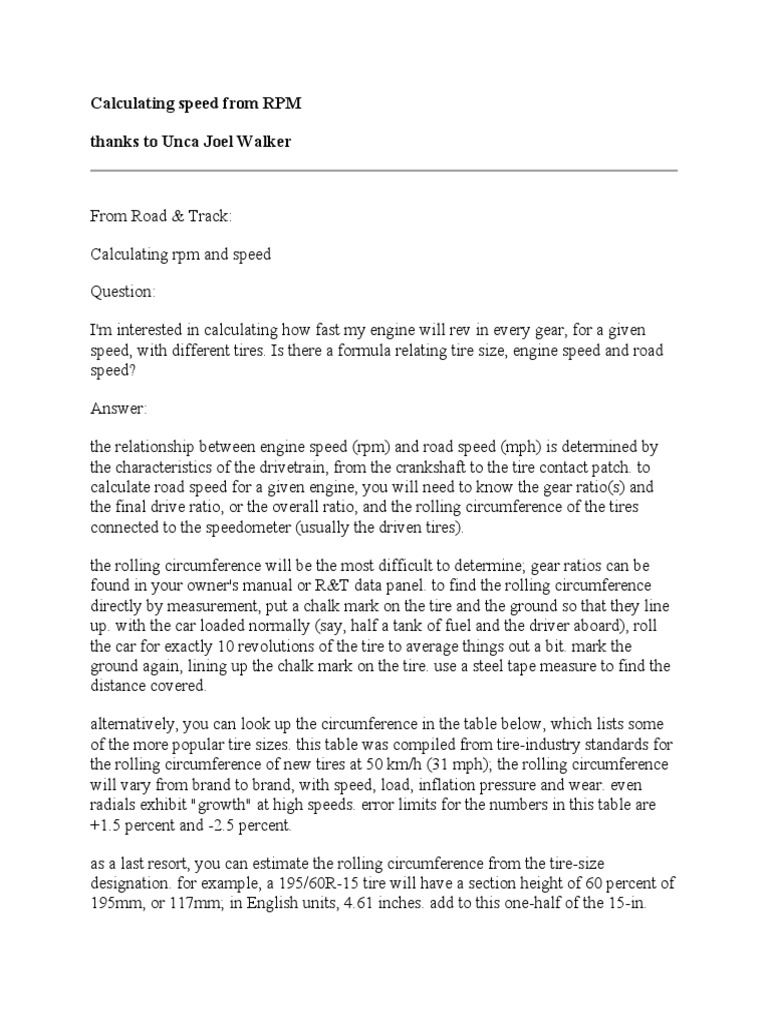 Calculating Speed From RPM | PDF | Speed | Vehicles