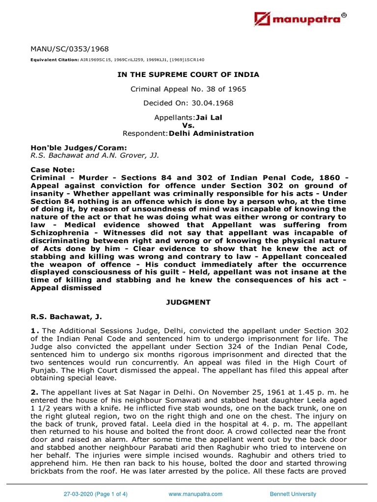 Jai Lal Vs Delhi Administration | PDF | Insanity Defense | Mens Rea