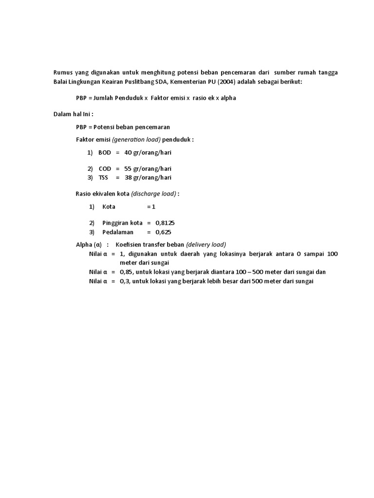 Rumus Yang Digunakan Untuk Menghitung Potensi Beban Pencemaran | PDF