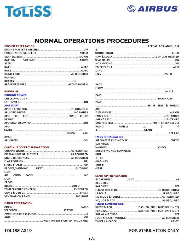 TOLISS A319 NORMAL PROCEDURES Checklist | PDF | Landing Gear | Flap ...
