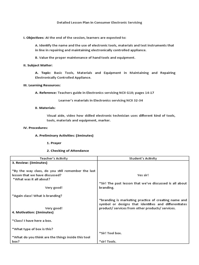 Detailed Lesson Plan in Consumer Electronic Servicing | PDF | Lesson ...