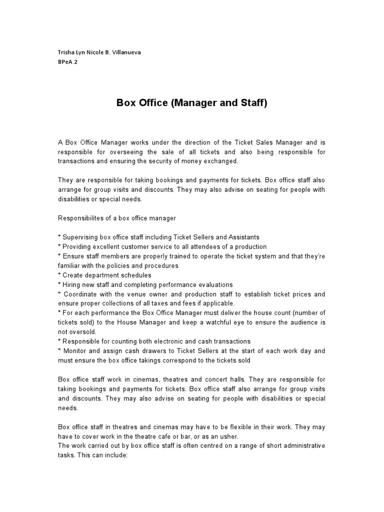 Box Office (Manager and Staff) | PDF | Ticket (Admission) | Box Office