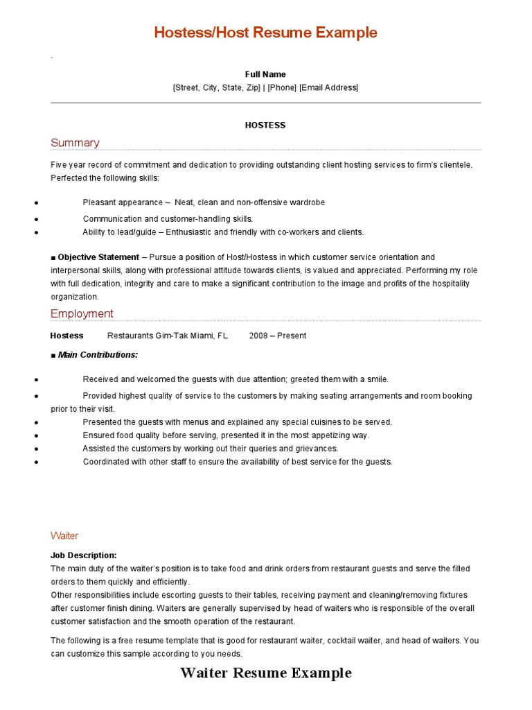 Host/Hostess Resume Example | PDF | Waiting Staff | Restaurants