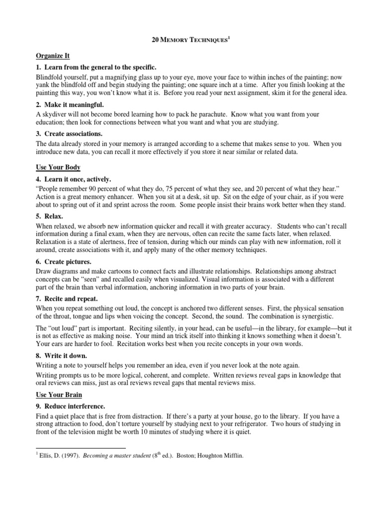 20 Memory Techniques | PDF | Memory | Test (Assessment)