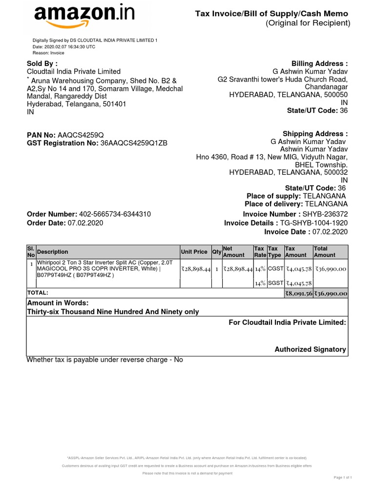 Purchase of a 2 Ton 3 Star Inverter Split AC | PDF | Invoice | Value ...