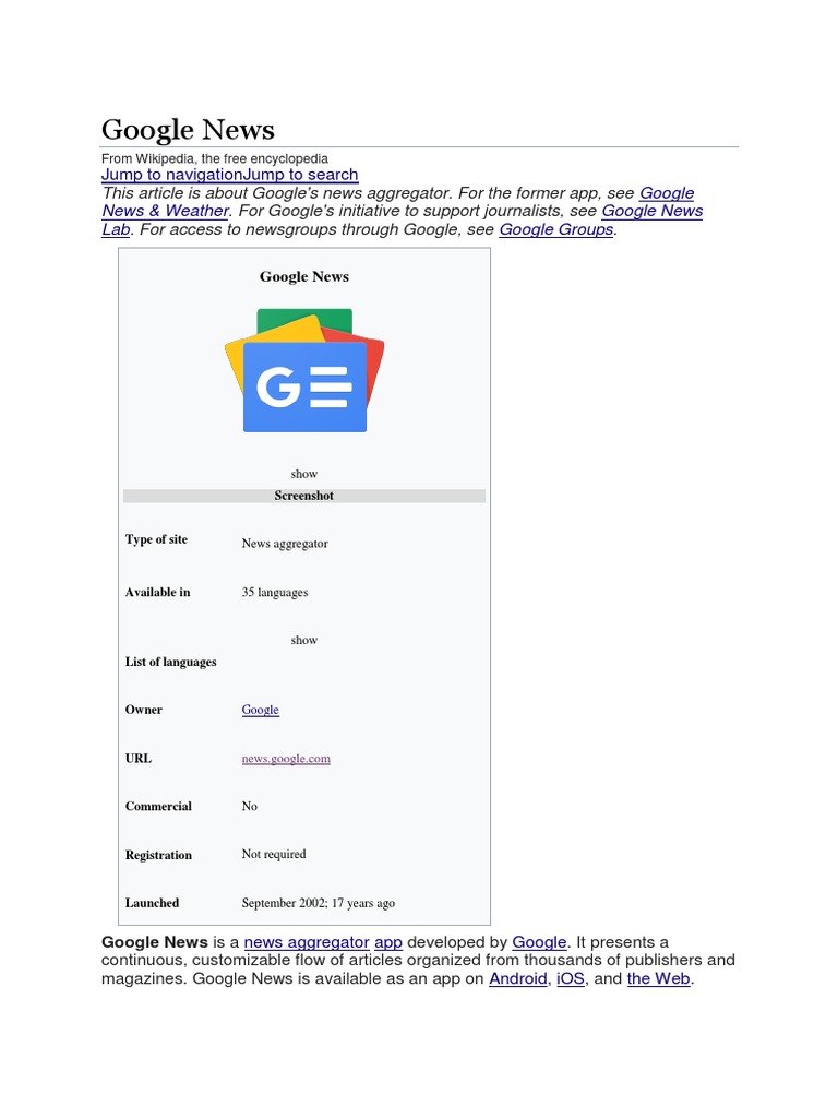 Google News: Jump To Navigationjump To Search | PDF | Mass Media | Websites