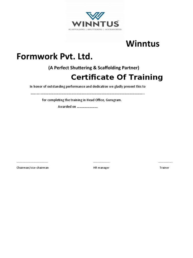 Winntus Formwork Pvt. LTD.: Certificate of Training | PDF