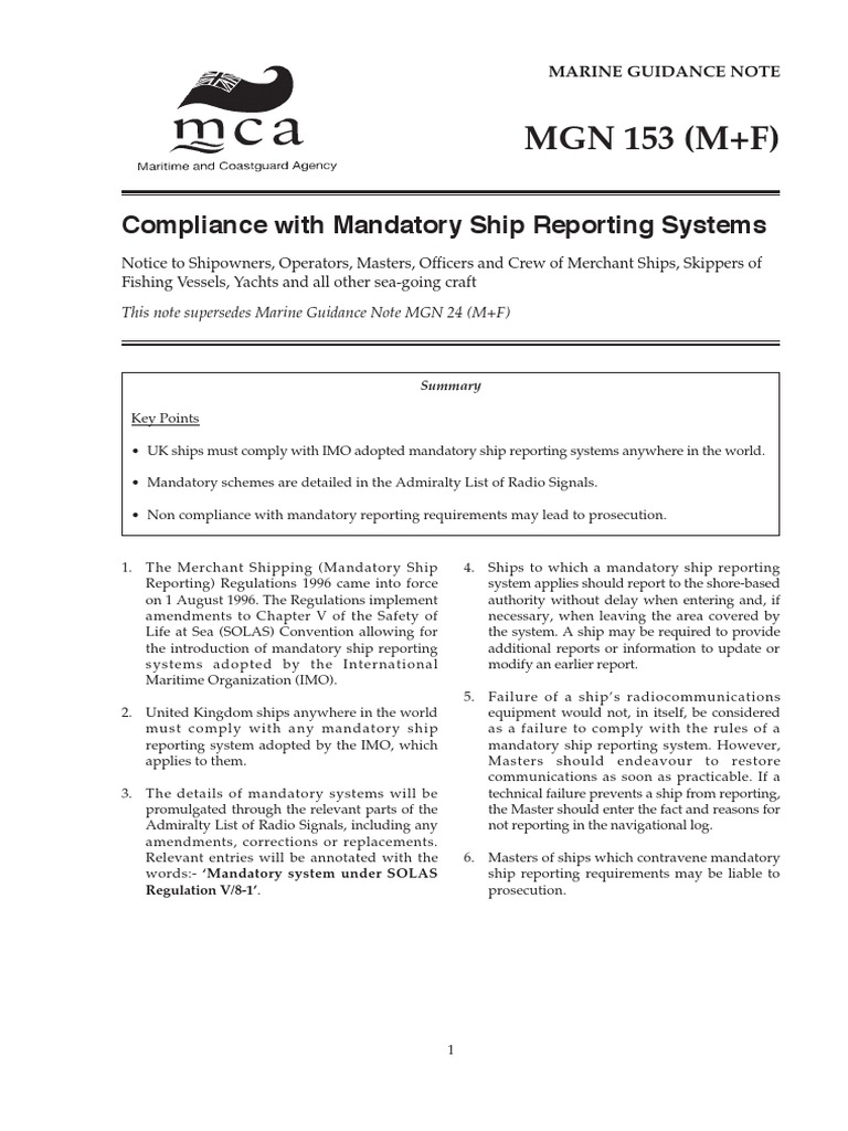 MGN153 - Compliance With Mandatory Ship Reporting Systems | PDF | Ships ...