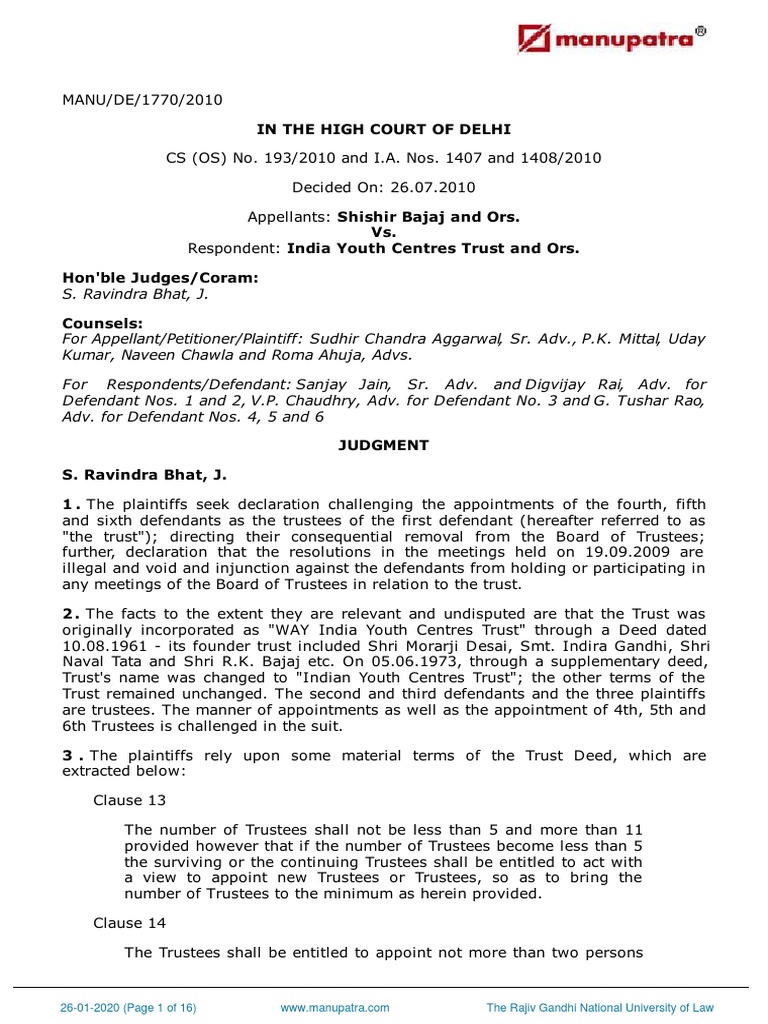 Shishir Bajaj and Ors Vs India Youth Centres TrustD103523COM196296 ...