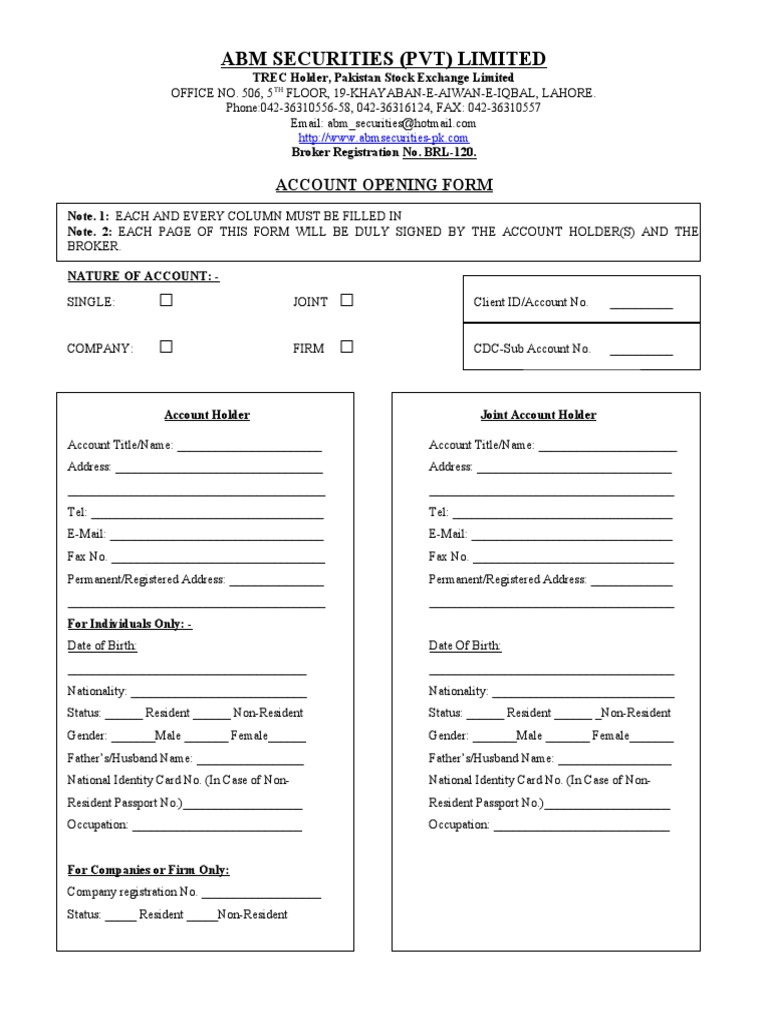 Abm Securities (PVT) Limited: Account Opening Form | Download Free PDF ...