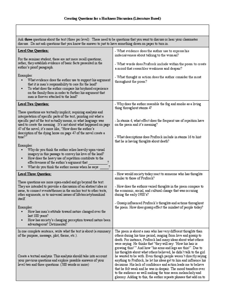 Creating Questions For A Harkness Discussion (Literature Based) | PDF ...