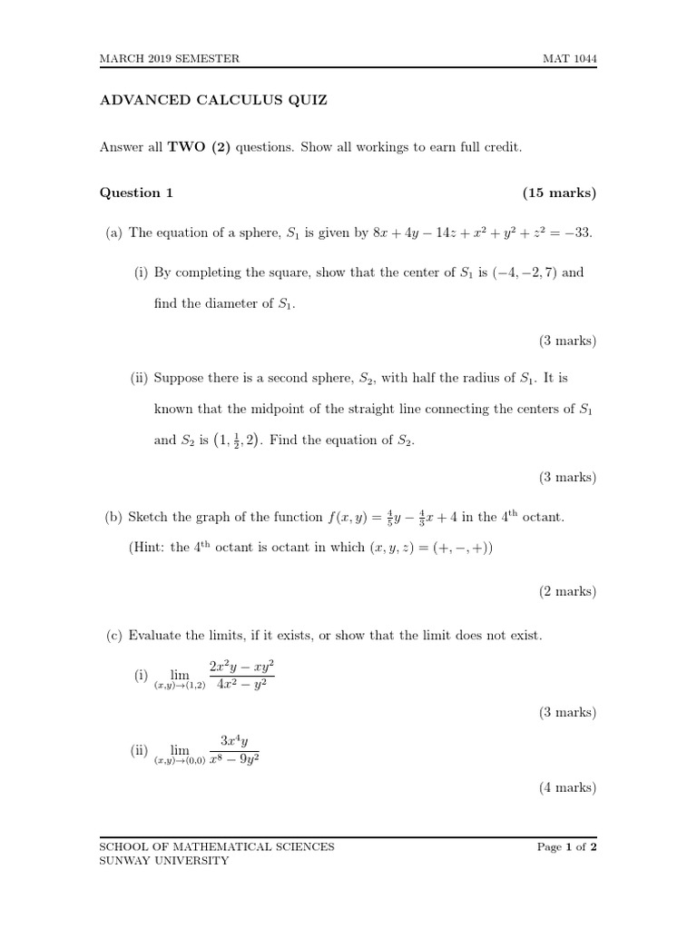 Adv Cal Quiz 2019 | PDF | Differential Calculus | Analysis