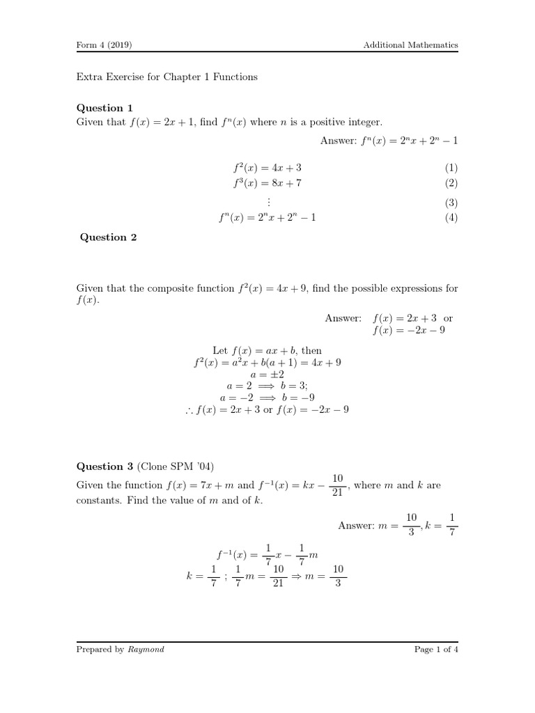 Chapter 1 Functions Mark Scheme | PDF | Mathematical Concepts | Algebra