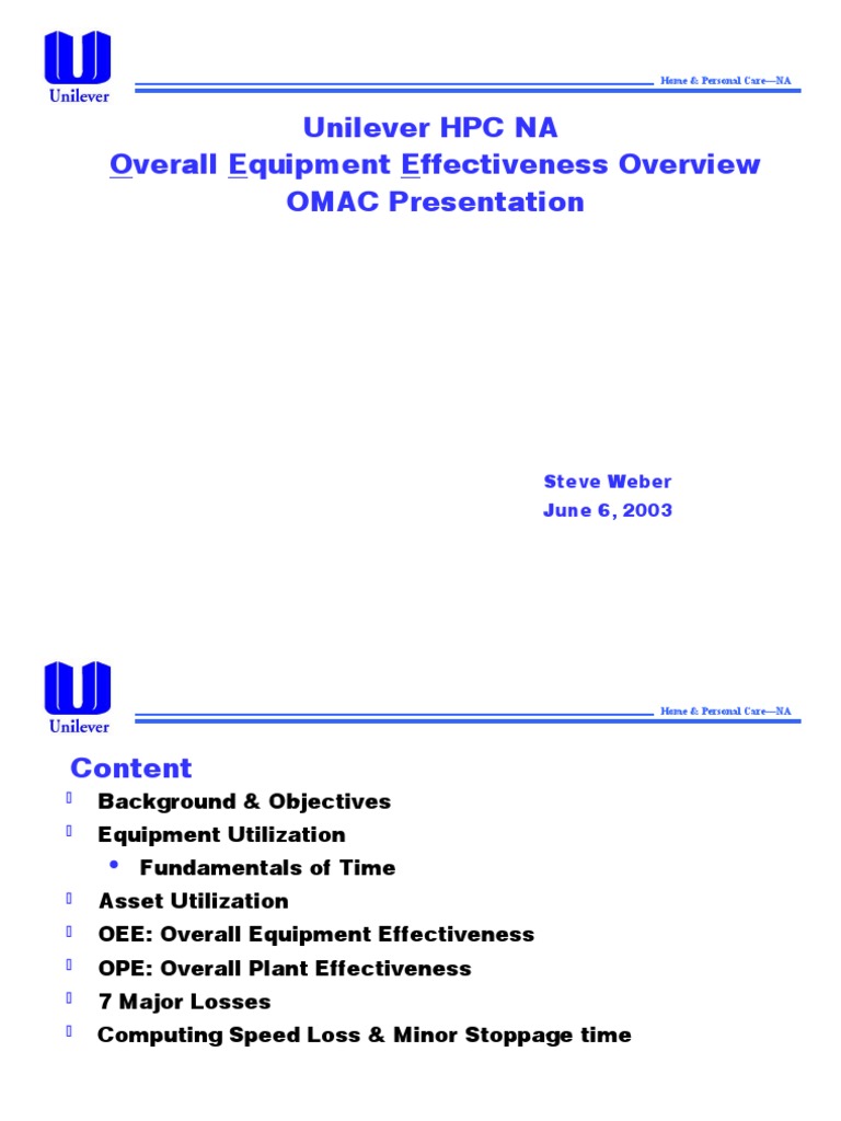 Unilever HPC NA Overall Equipment Effectiveness Overview OMAC Presentation | PDF | Systems ...