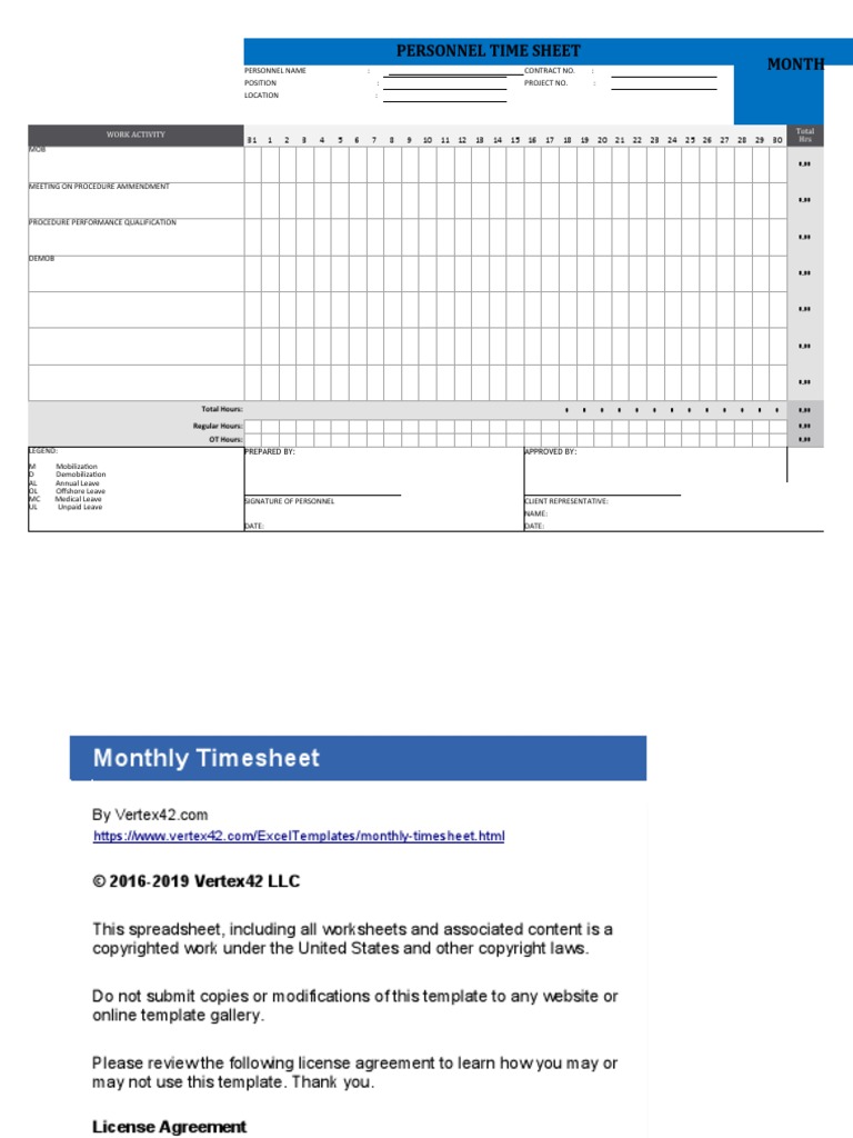 Personnel Time Sheet Month:: Work Activity Total Hrs | Download Free ...