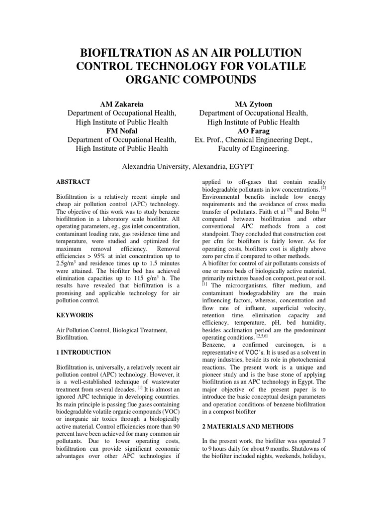Biofiltration As An Air Pollution Control Technology For Volatile Organic Compounds | PDF ...