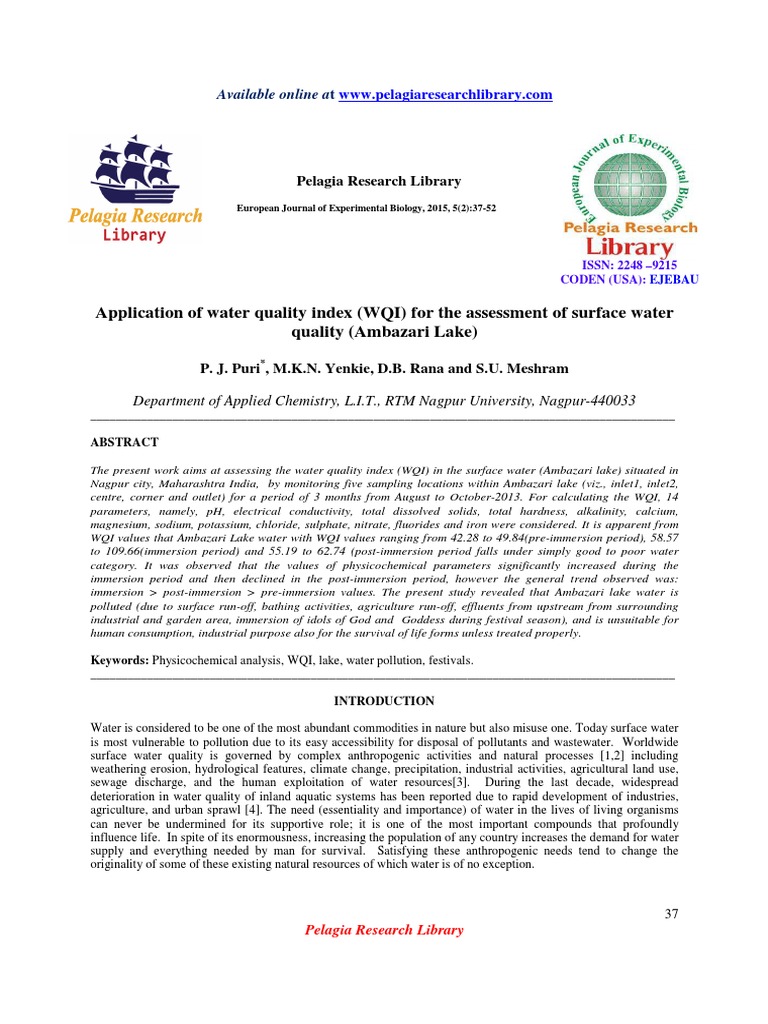 Application Of Water Quality Index Wqi For The Assessment Of Surface Water Quality Ambazari Lake