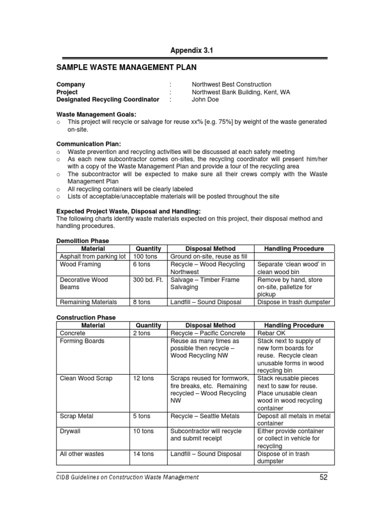 Sample Waste Management Plan: Appendix 3.1 | PDF | Waste Management ...