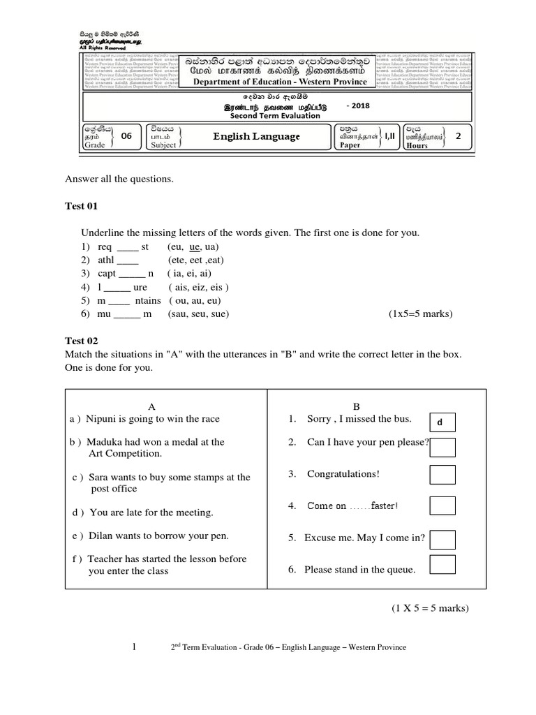 English Grade 6 Test Paper | PDF | Sharks | Tooth