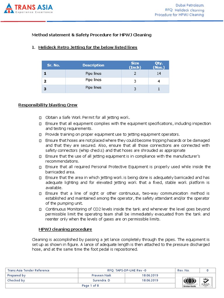 Method Statement & Safety Procedure For HPWJ Cleaning Helideck Retro Jetting For The Below ...