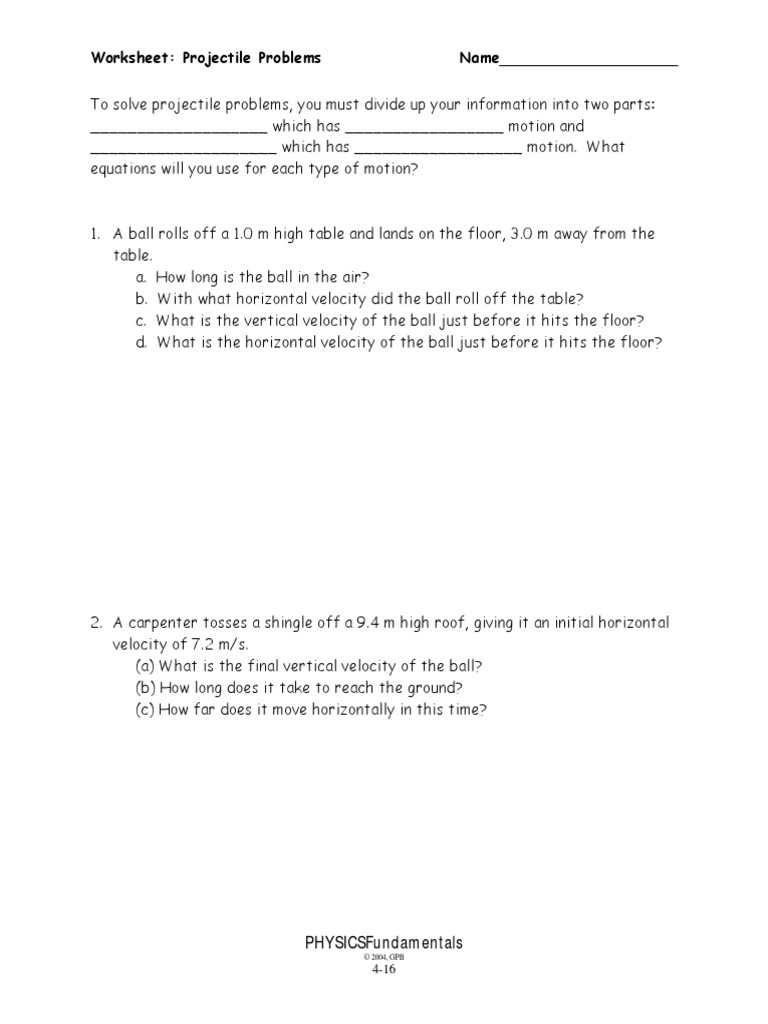 Worksheet: Projectile Problems Name - : Physicsfundamentals | PDF