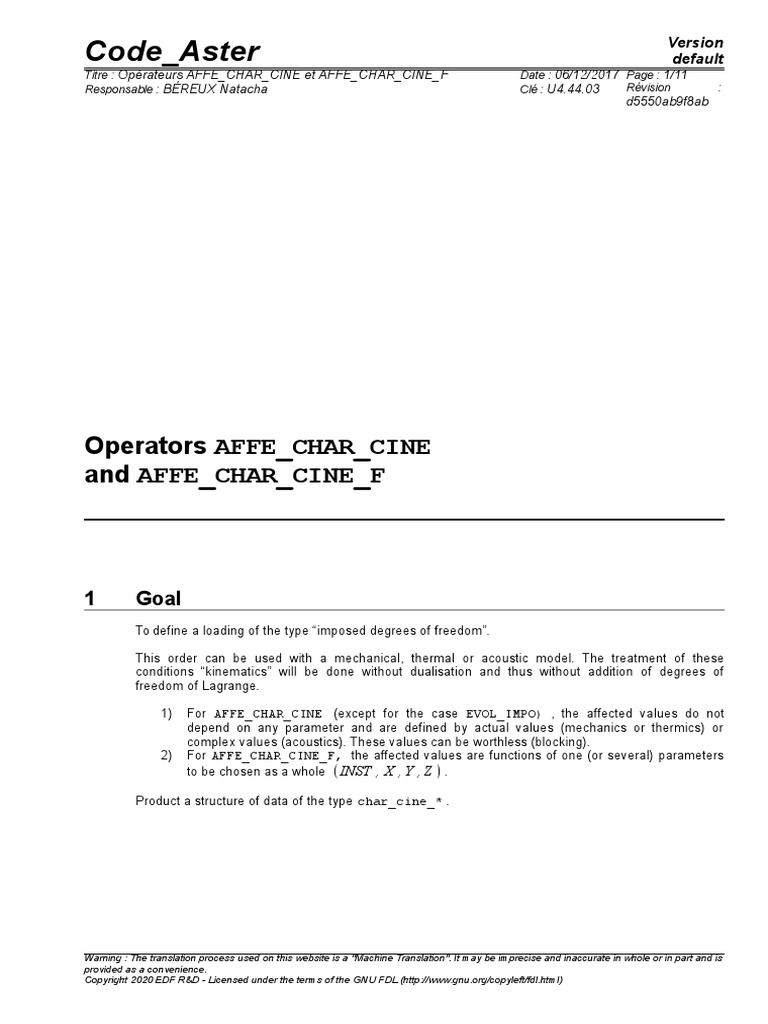 Code - Aster: Operators AFFE - CHAR - CINE and Affe - Char - Cine - F | PDF | Teaching ...
