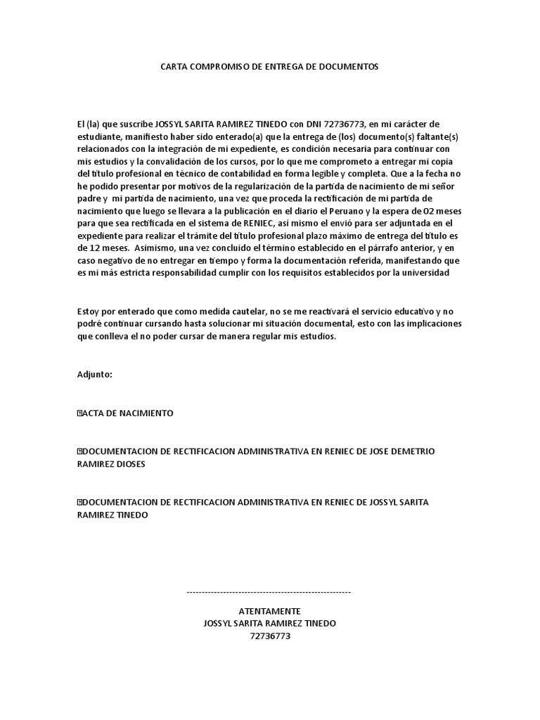 Carta Compromiso de Entrega de Documentos | PDF