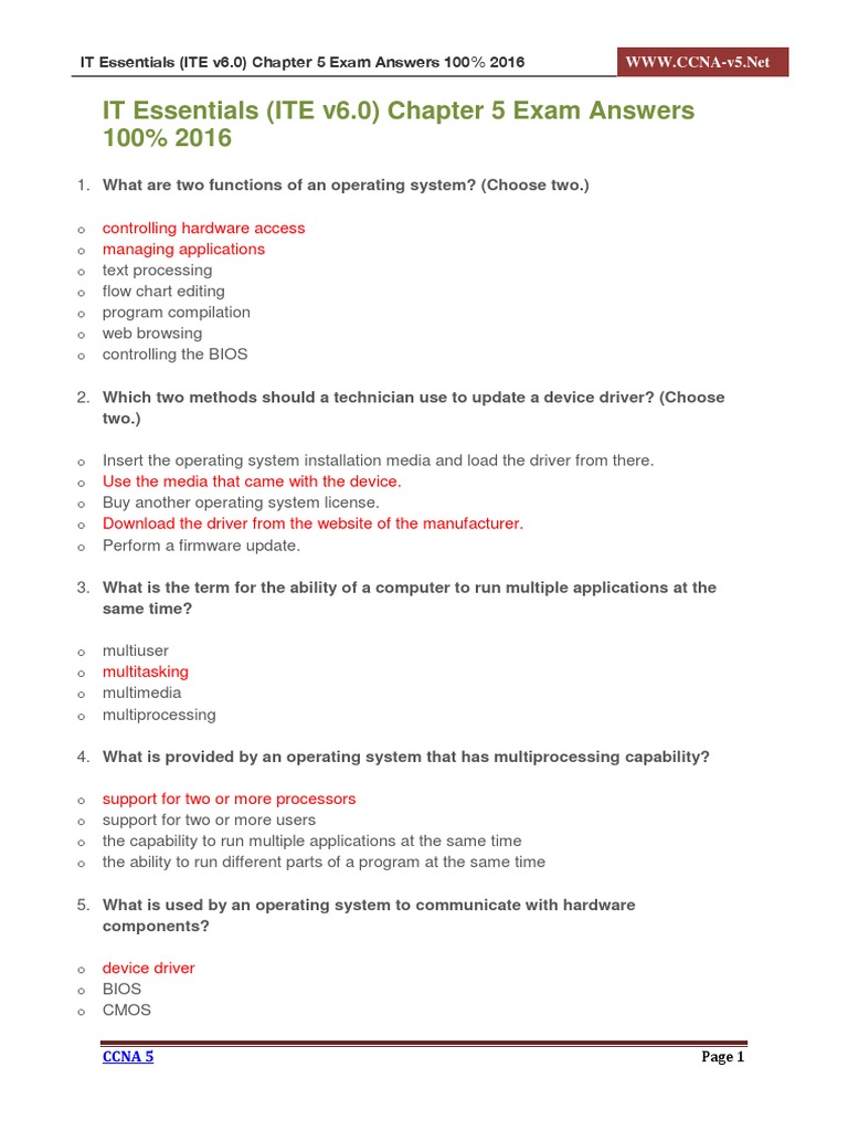 IT Essentials ITE v6.0 Chapter 5 Exam Answers 100 2016 | PDF ...