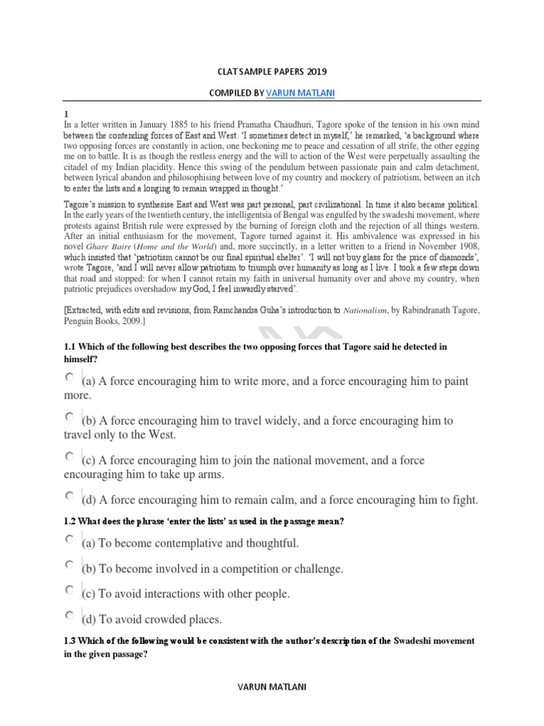 Clat Sample Papers 2019 Compiled By: Varun Matlani | PDF | Unrest