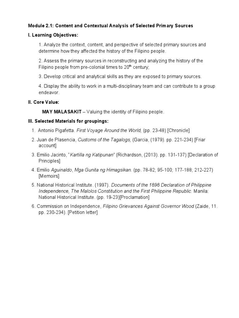 Module 2.1: Content and Contextual Analysis of Selected Primary Sources ...