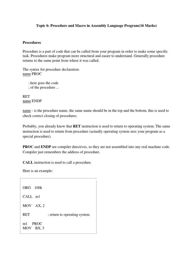 Procedure and Macro in Assembly | PDF | Subroutine | Pointer (Computer Programming)