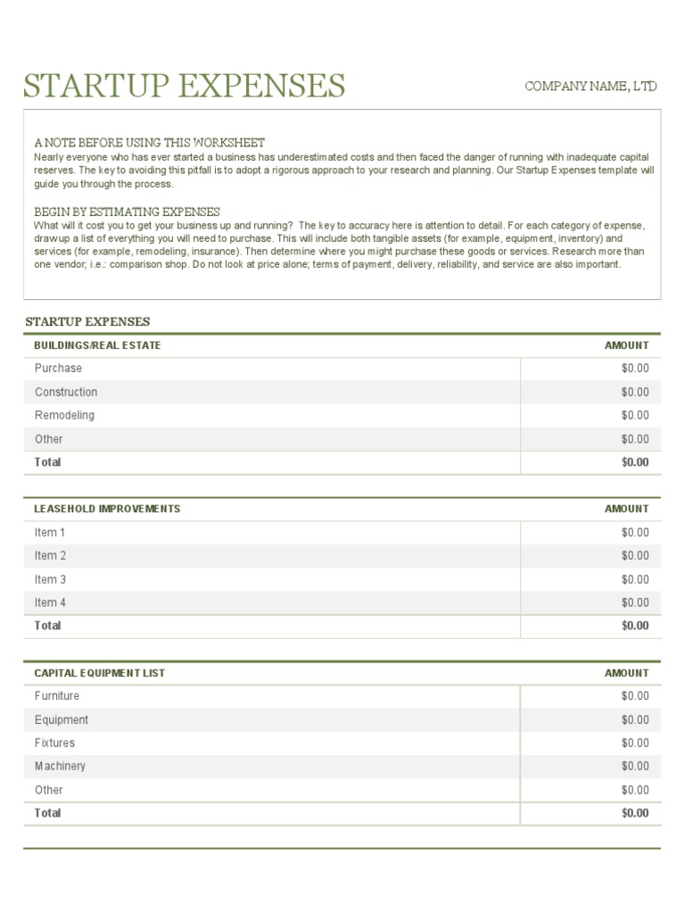 Startup Expenses: A Note Before Using This Worksheet | PDF | Collateral ...