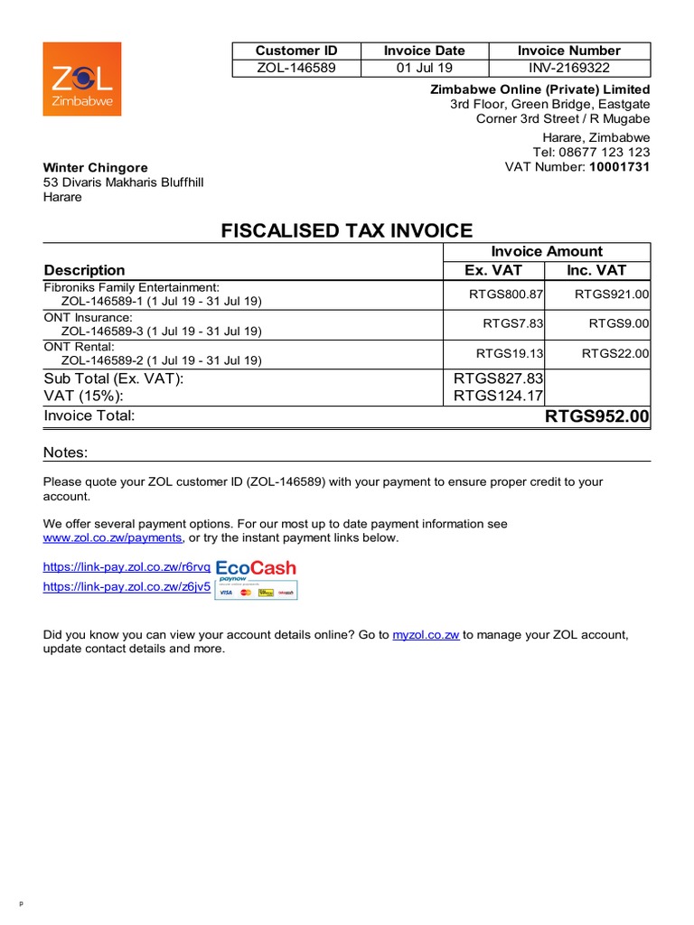 Fiscalised Tax Invoice for ZOL Services | PDF | Invoice | Payments