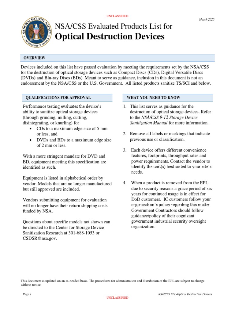NSA EPL for Optical Destruction Devices | PDF | Blu Ray | Technological ...